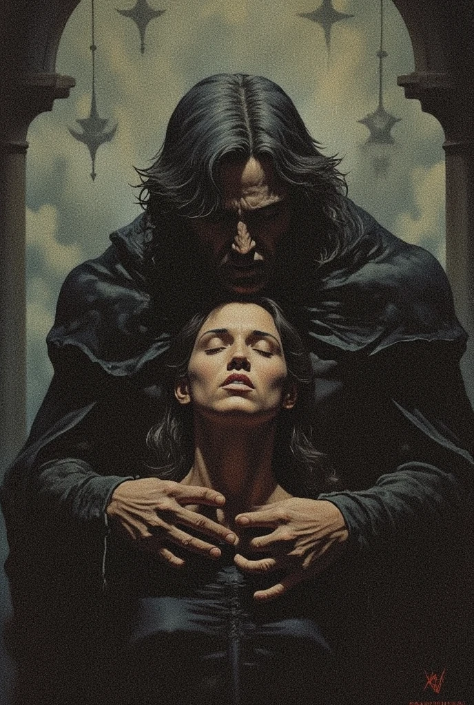A dark fantasy painting of a vampire with dark hair standing behind a ...