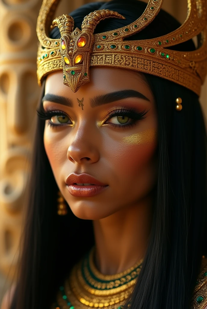 "An ultra-realistic close-up image of the face of the goddess Serqet ...