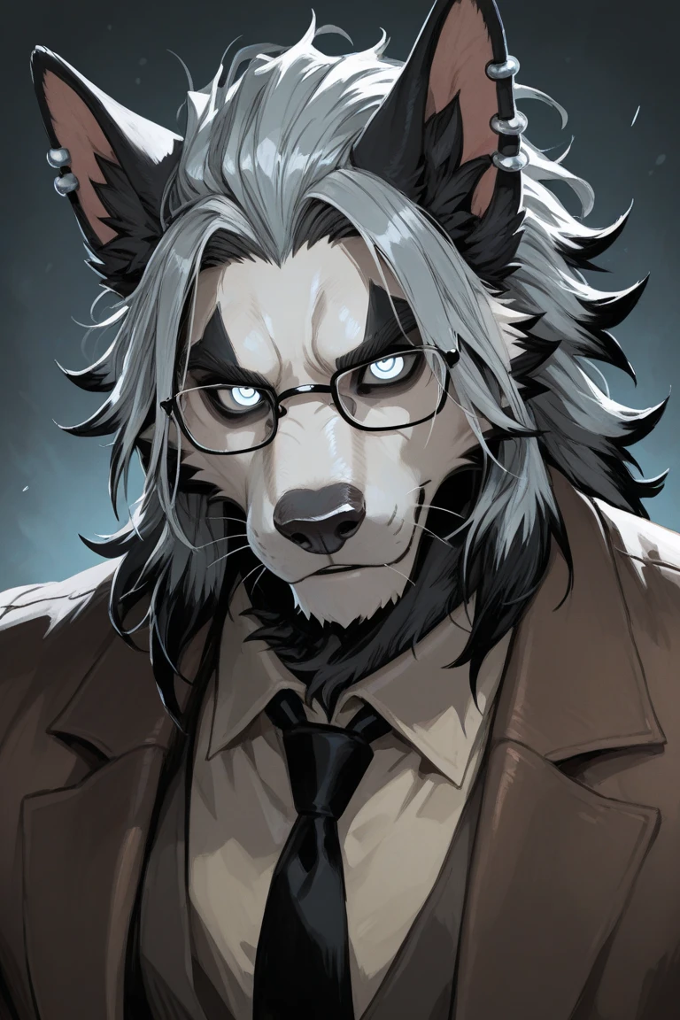 Handsome male furry freakhound, grey hair with black tips, piercings ...