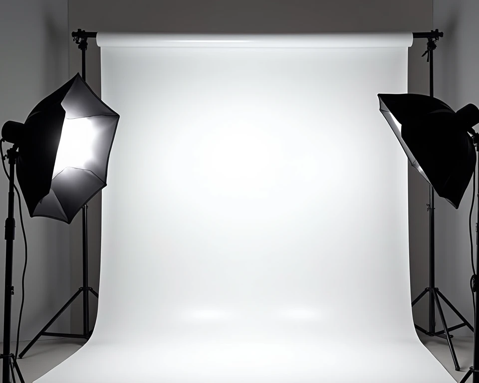 Backstage photo of a photo shoot, with lighting equipment and a white ...