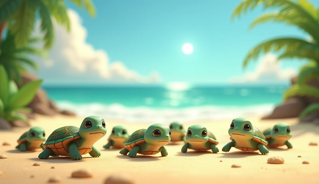 Nine baby turtles with green and brown shells walk slowly on the golden ...