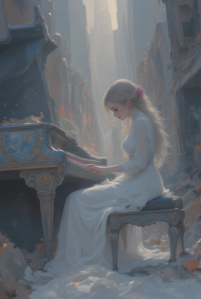 A beautiful woman playing the piano sadly, wistfully, and ephemerally ...
