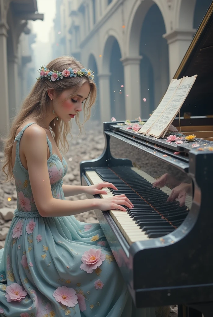 A beautiful woman playing the piano sadly, wistfully, and ephemerally ...