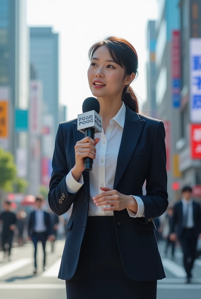 A beautiful Japanese reporter with a microphone in her hand doing a ...