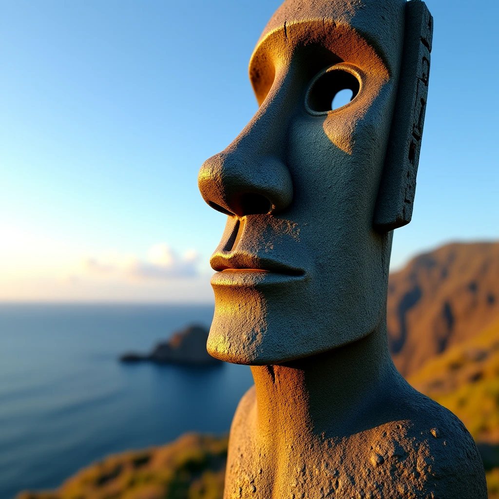 Close-up, hyperrealistic image of a weathered, ancient moai statue on ...