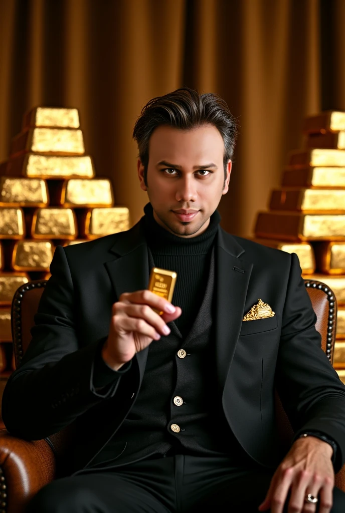 A striking portrait of a powerful, medium-built man with piercing brown ...