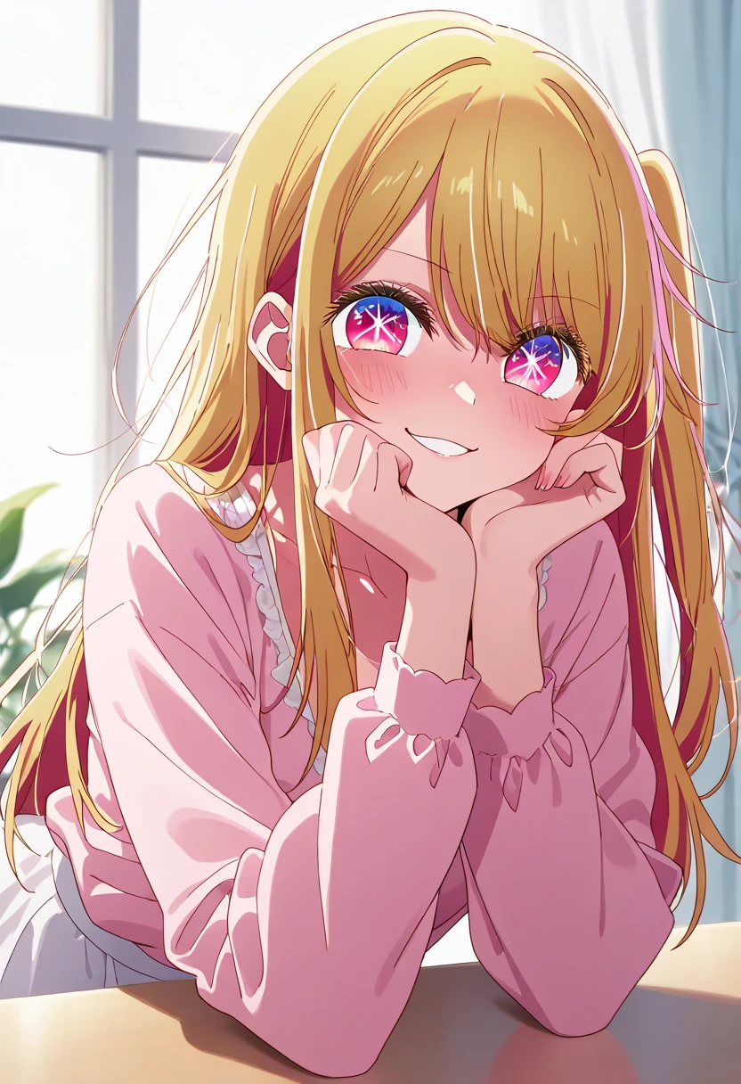Ruby Hoshino (Oshi No Ko) KJOruby, blonde hair, pink eyes, ( - SeaArt AI