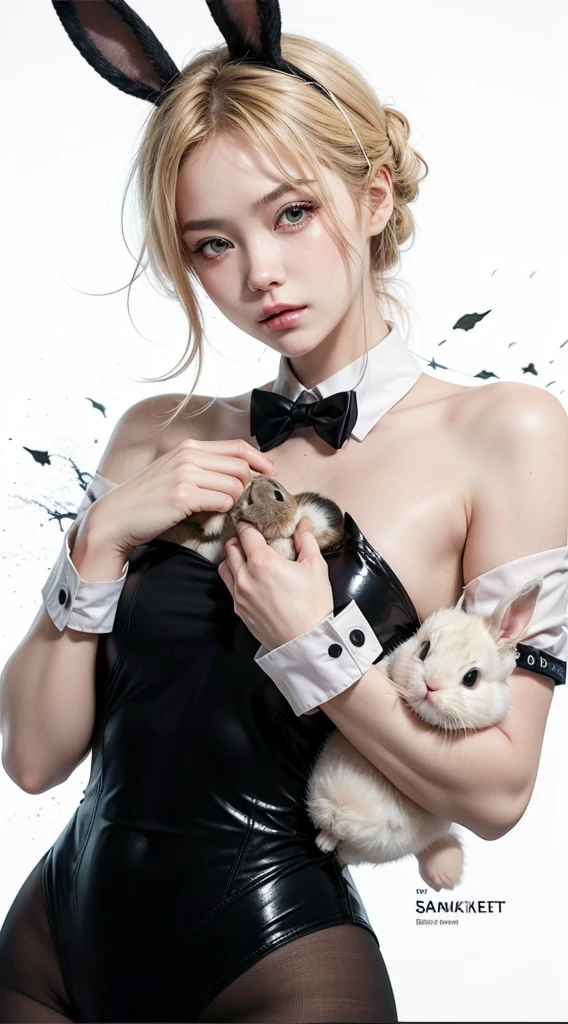 Blonde woman in a rabbit suit holding a rabbit and a knife, artwork in the style - SeaArt AI