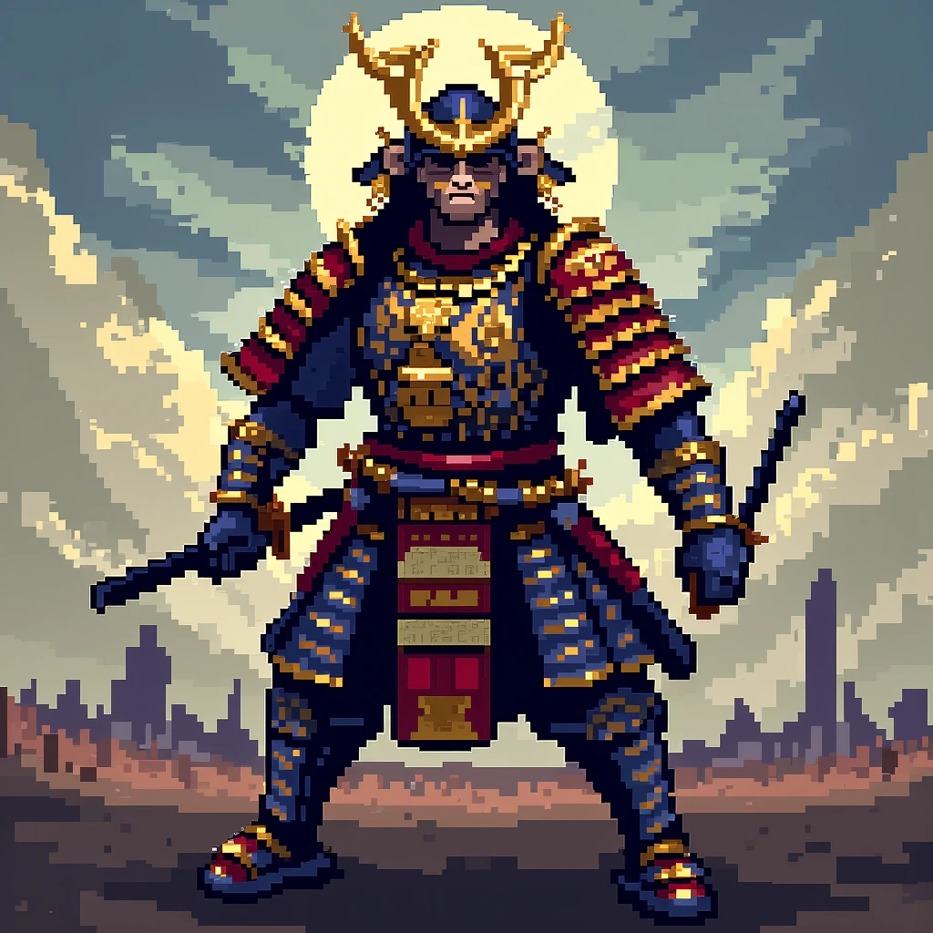 A detailed pixel art of a samurai in combat position, with sturdy ...