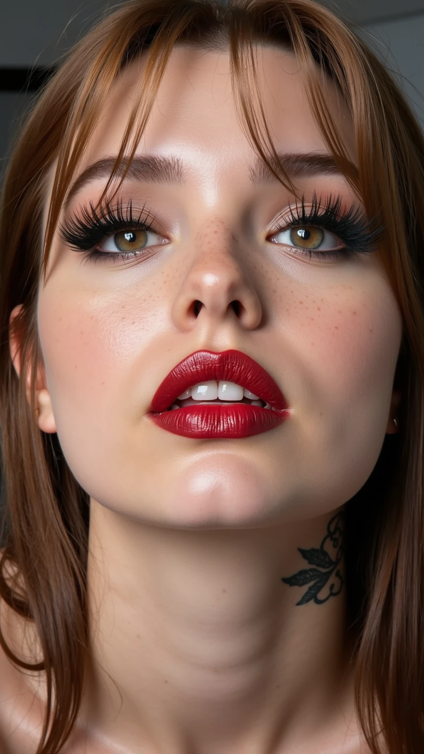Close up face portrait, red lip gloss, shiny lip gloss, extreme e ...