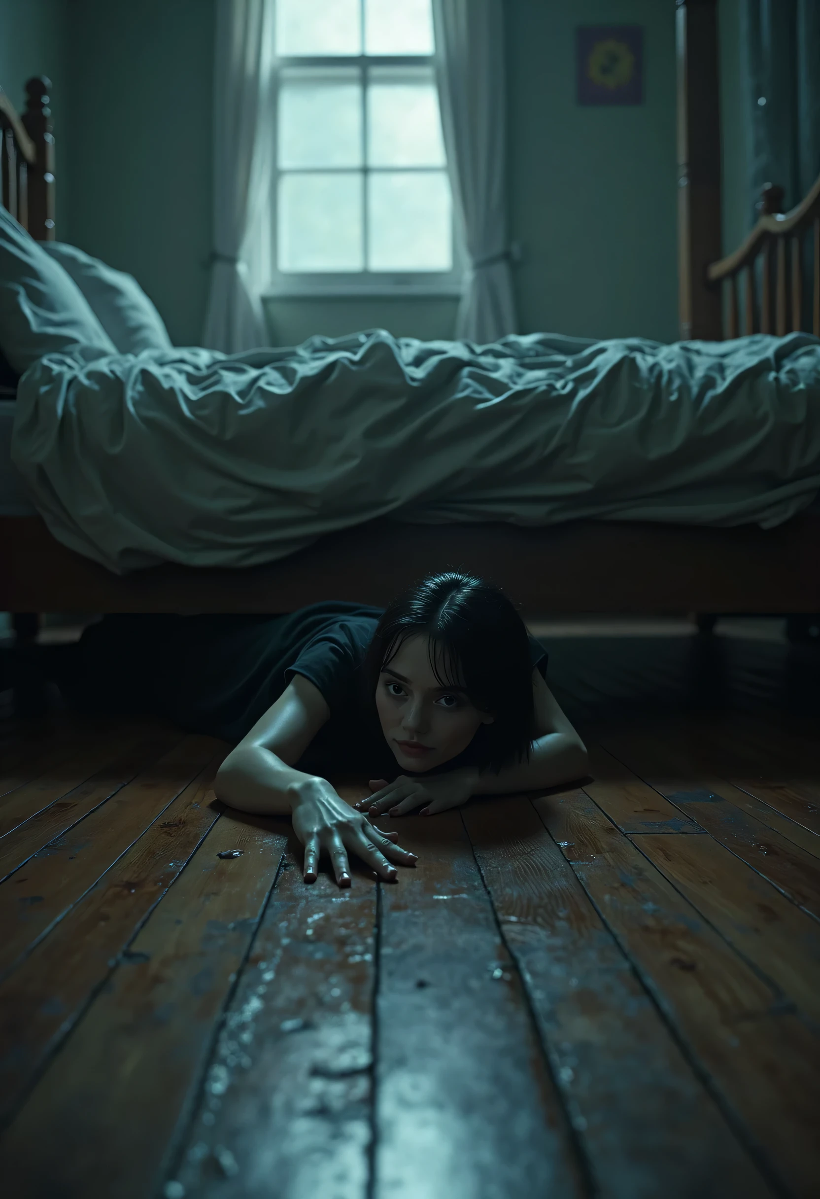 A woman laying on the floor in a dark room - SeaArt AI