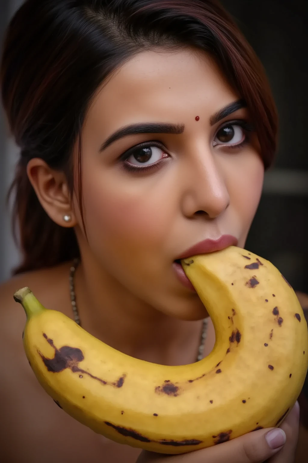 A woman eating a large banana, detailed facial features, beautiful eyes ...