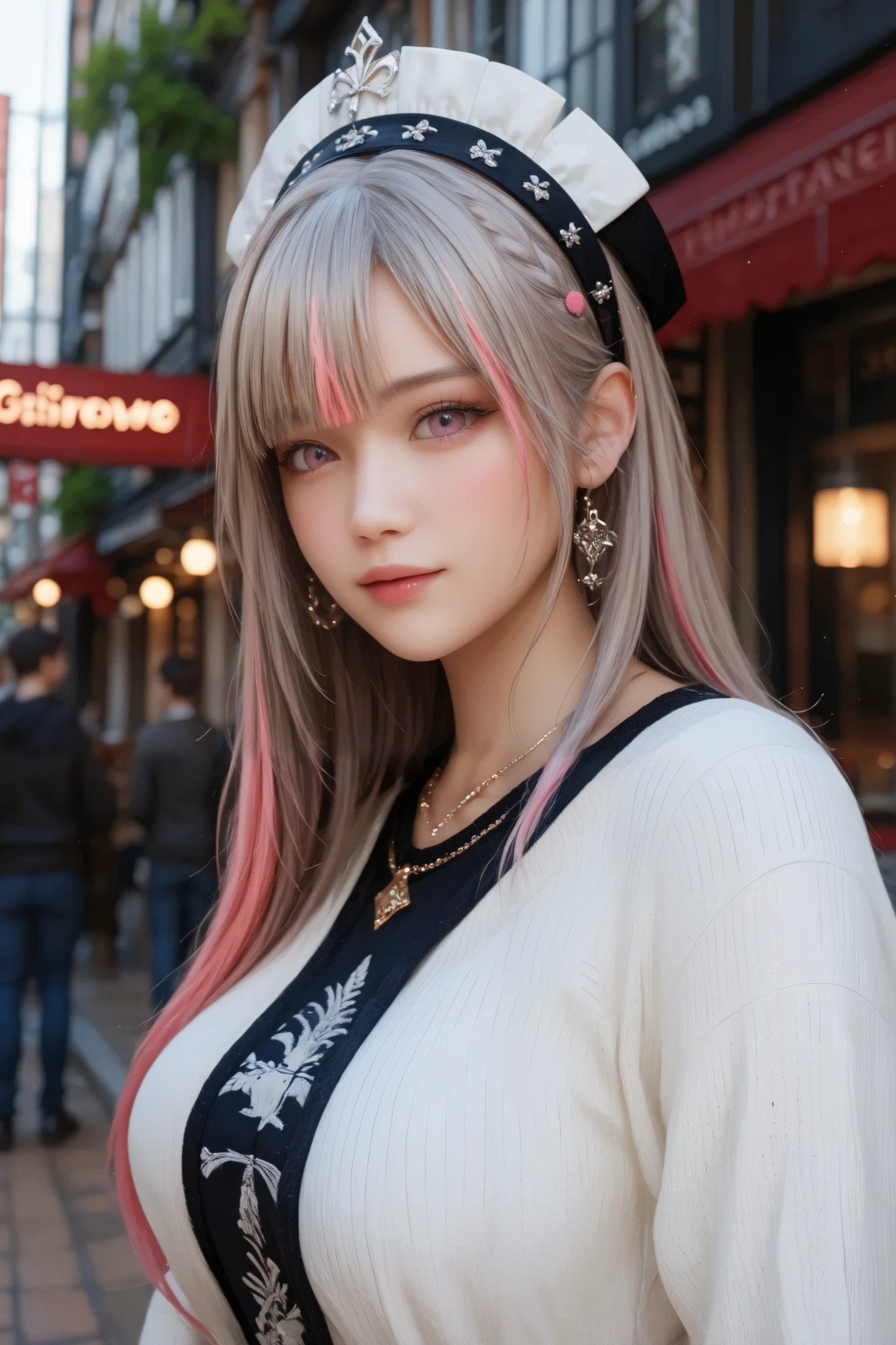 Araffe girl with pink hair and a white top and black and white outfit ...