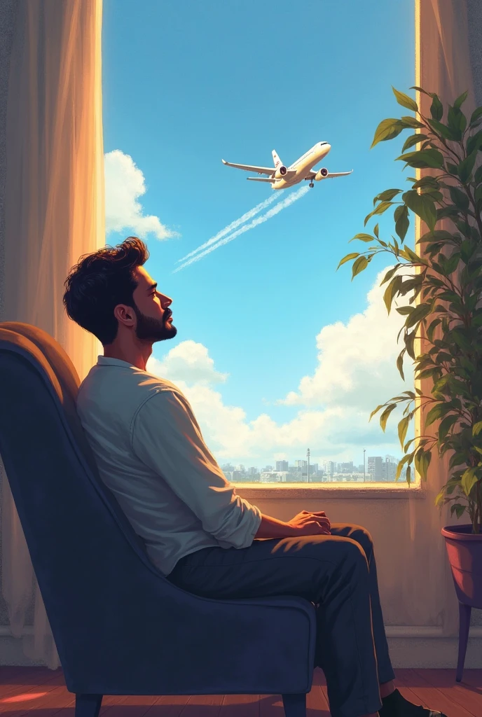 Ahmed sat on the chair in front of the window and saw a plane flying in ...