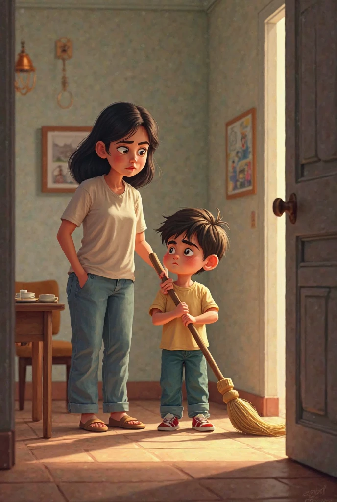 A normal house. Inside which a boy is cleaning the house with a broom ...