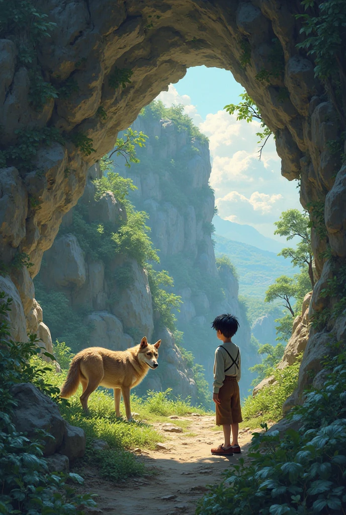 Ren peeking into the cave, watching curiously as the wolf slowly ...