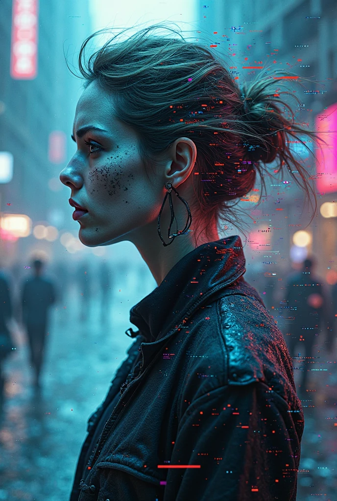 Full body shot of an woman, her form glitching and fracturing as if ...