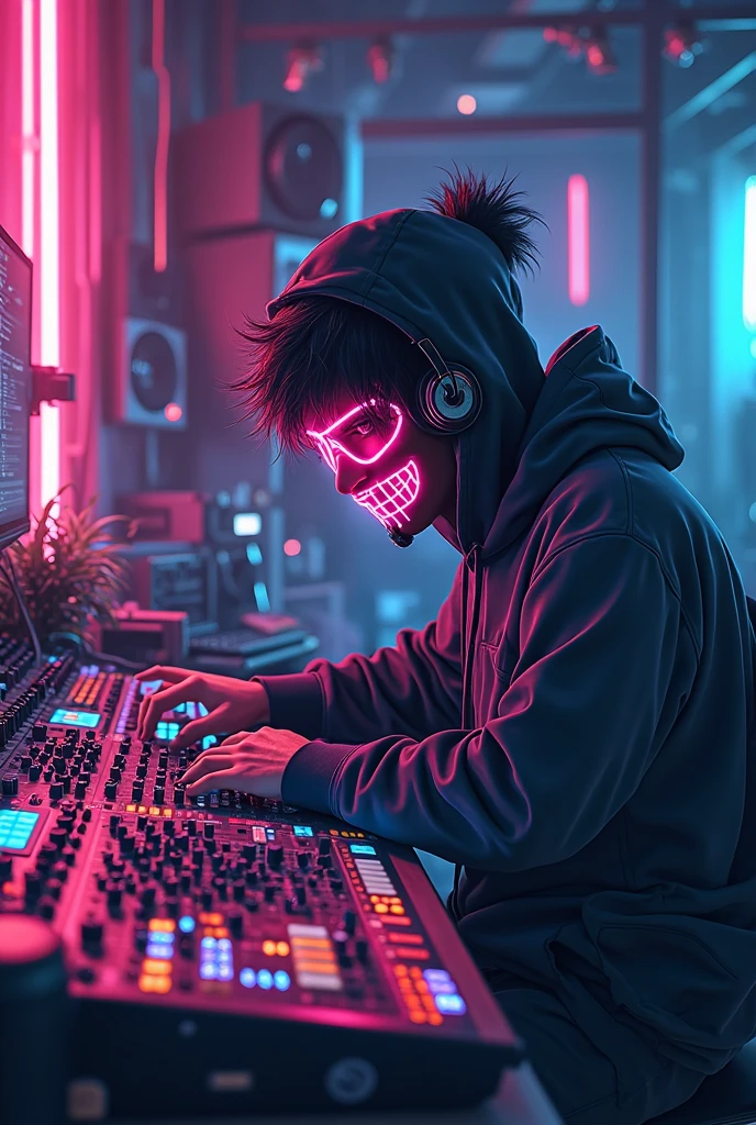 The sound engineer at the anime-style mixing console covers his face ...