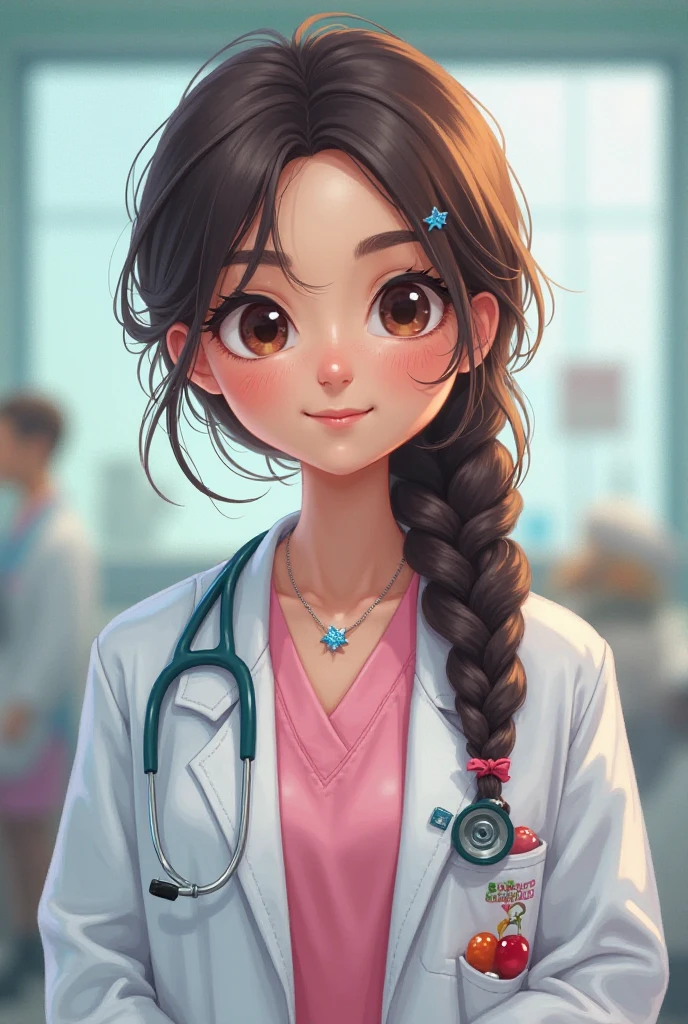 25-year-old girl, Doctor in pediatrics, with long dark brown hair in a ...