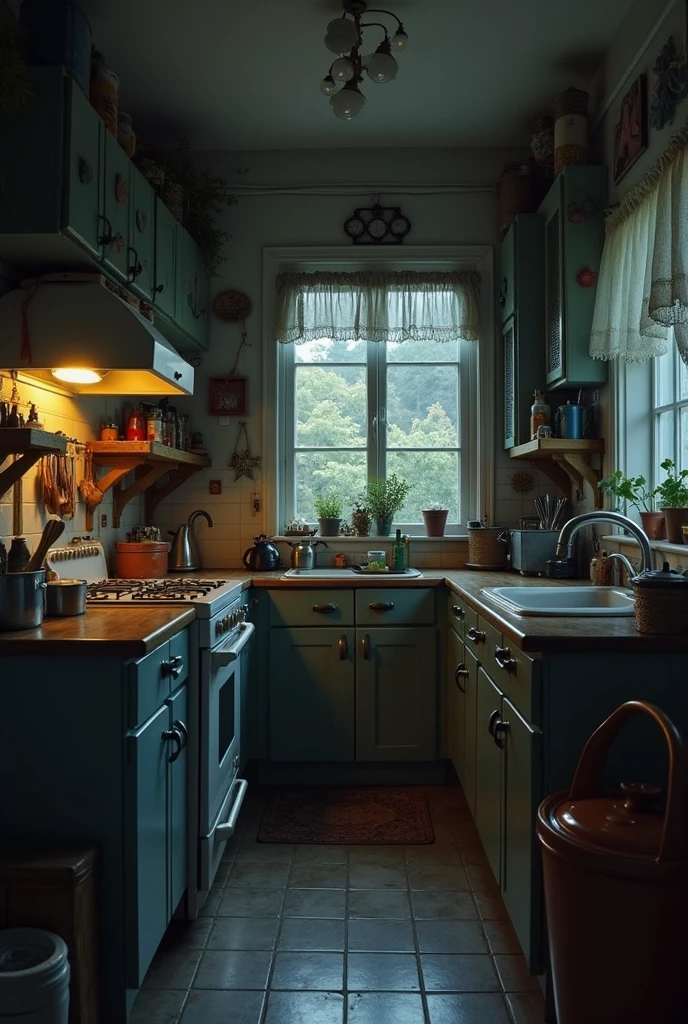 There is a kitchen with a stove, sink, and cabinets, a screenshot by ...