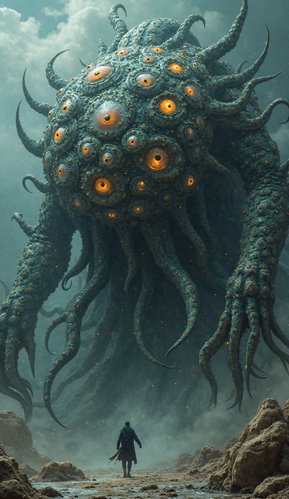 An immense creature, covered by countless eyes of different shapes and ...