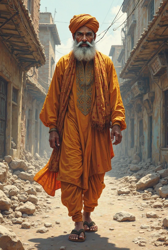 Generate a 2d illustration of an old handsome pakistani man walking in ...