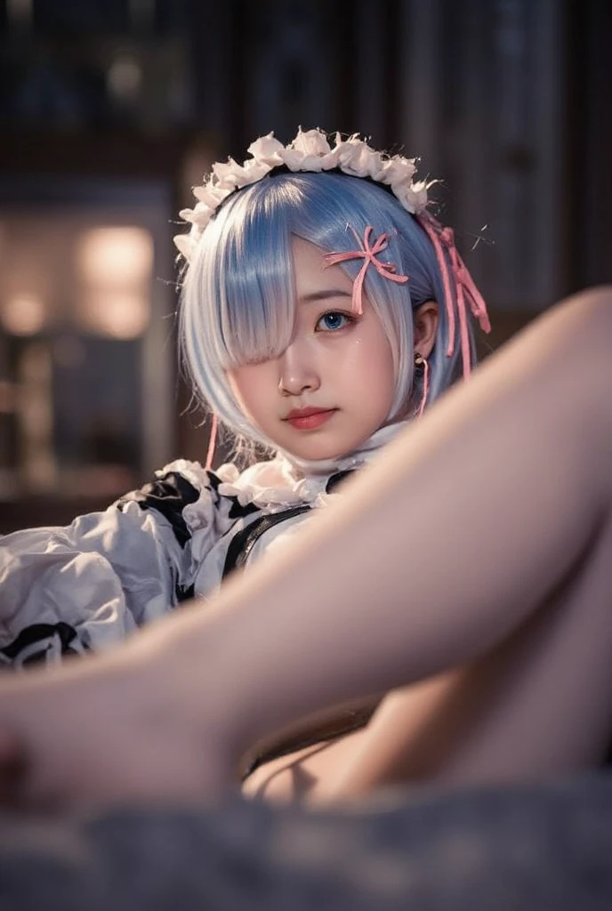 A girl lying in bed in a sexy way, cos-rem, light blue hair, blue eyes - SeaArt AI