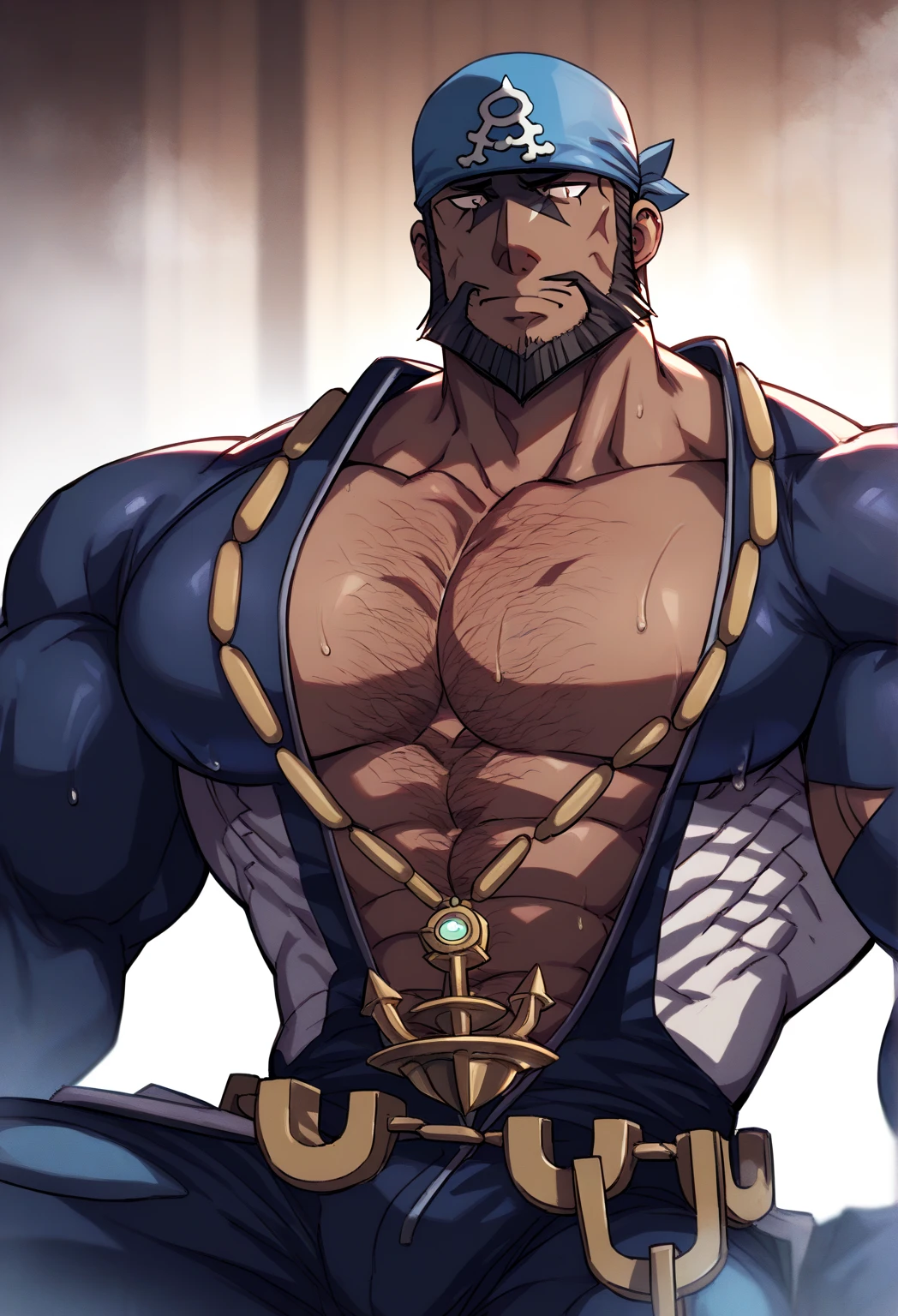 Archie sitting in the sauna, staring at golden pendulum, shirtless ...