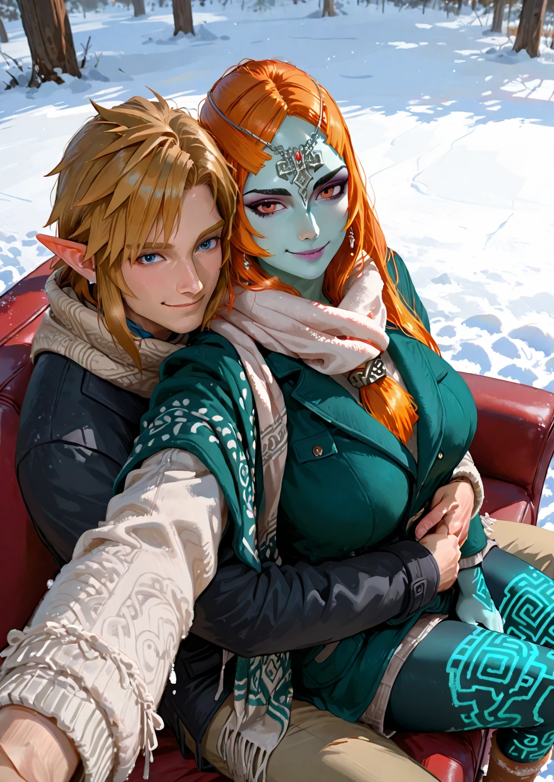 Link y Midna 2 Forms, green skin, orange hair, , human, makeup - SeaArt AI