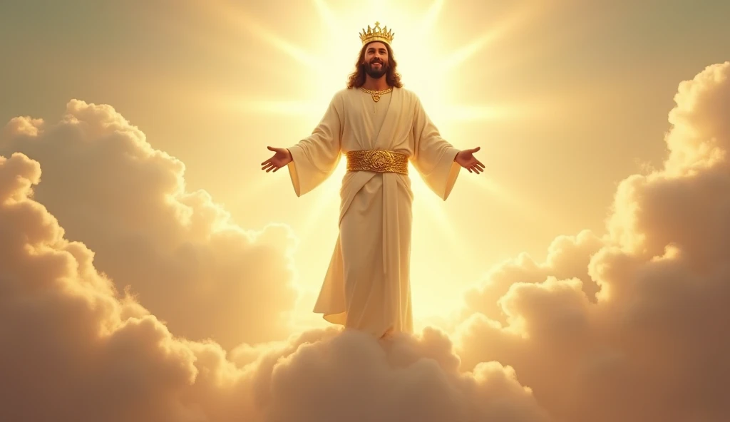 Jesus stands upon a resplendent cloud, his presence emanating a ...