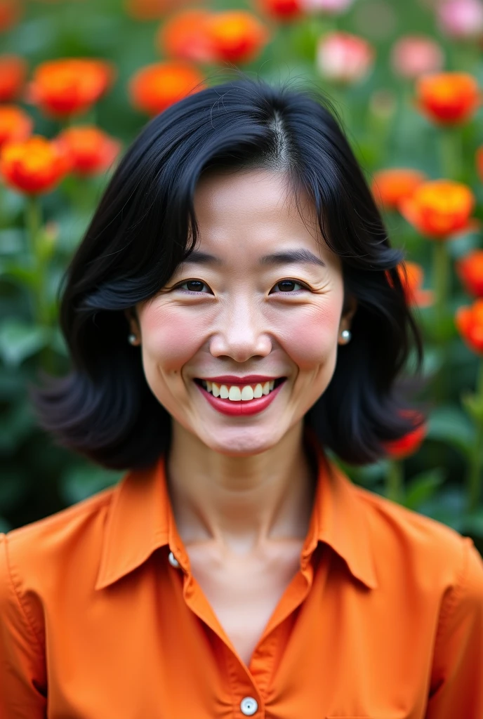 Smiling woman with black hair and orange shirt in front of flowers ...