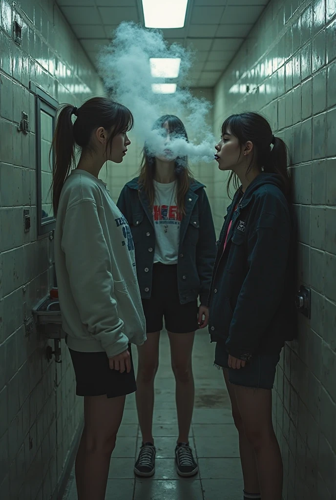 Three high school girls stand at the end of the school restroom vaping ...