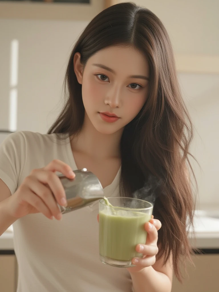 A kpop girl with long brown hair, dark brown eyes, plump lips - SeaArt AI