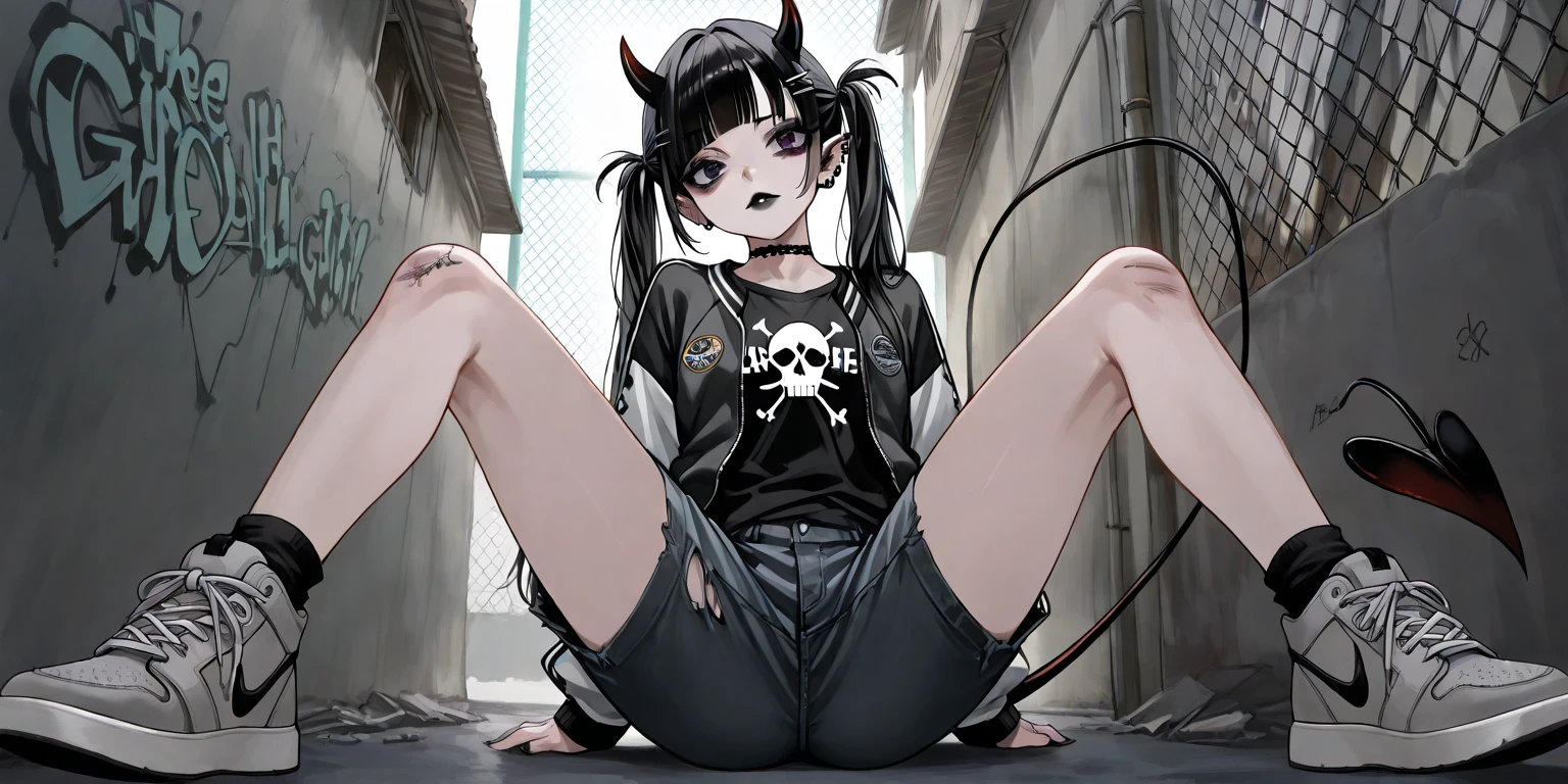 Skinny tired girl is belong to emo/goth subculture. She has obsidian black scen - SeaArt AI