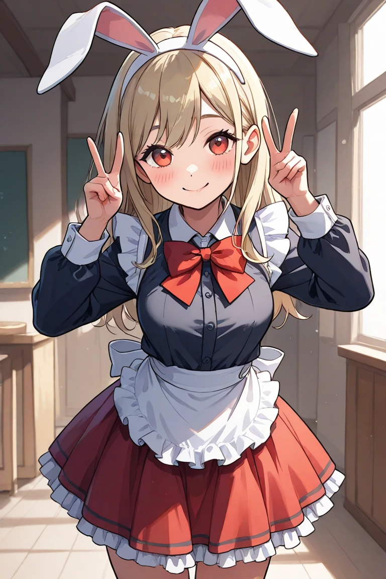 1 high school girl、 Gold、 long、 rabbit headband with frills、 peace pose ...
