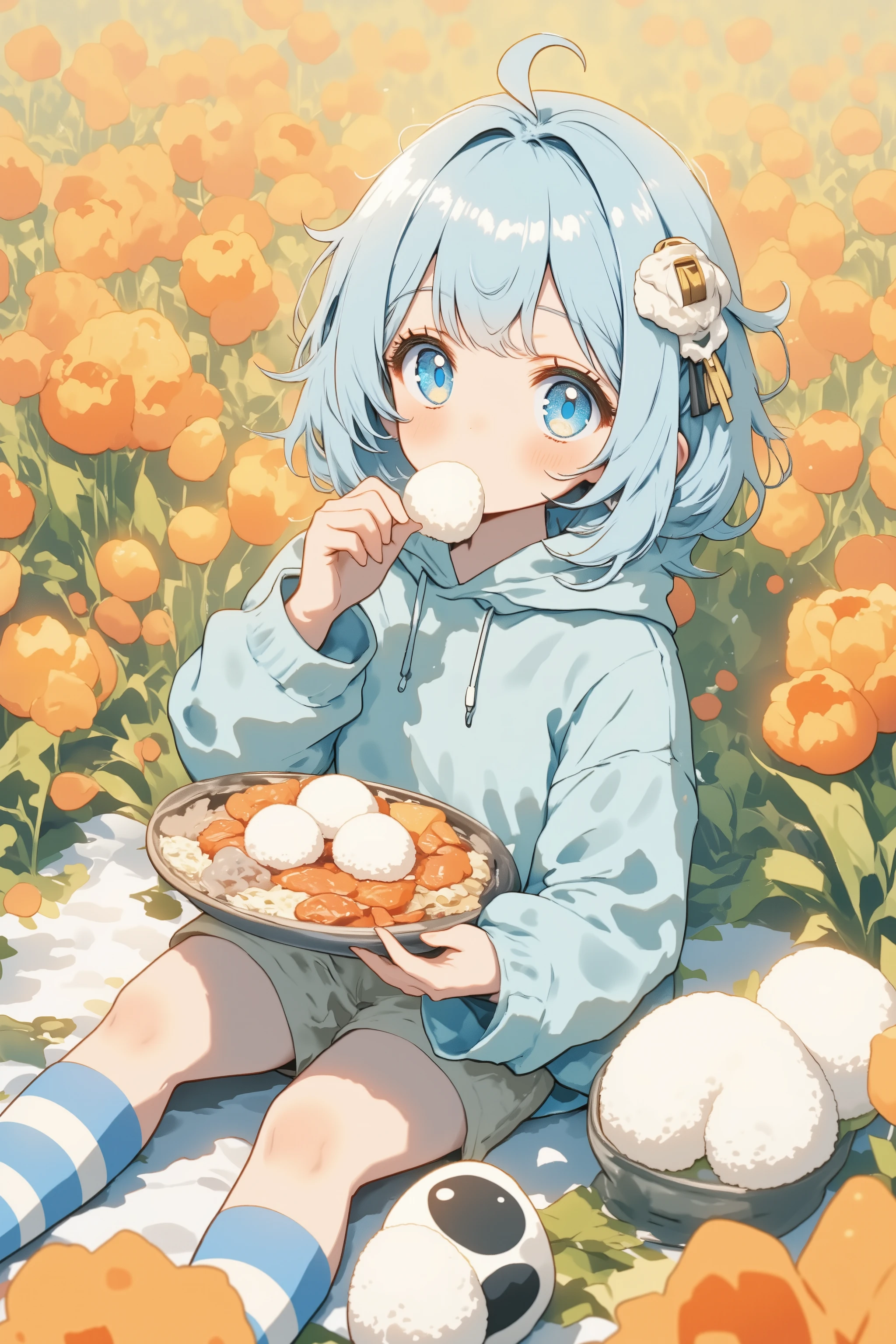 Anime girl eating a plate of food in a field of flowers - SeaArt AI