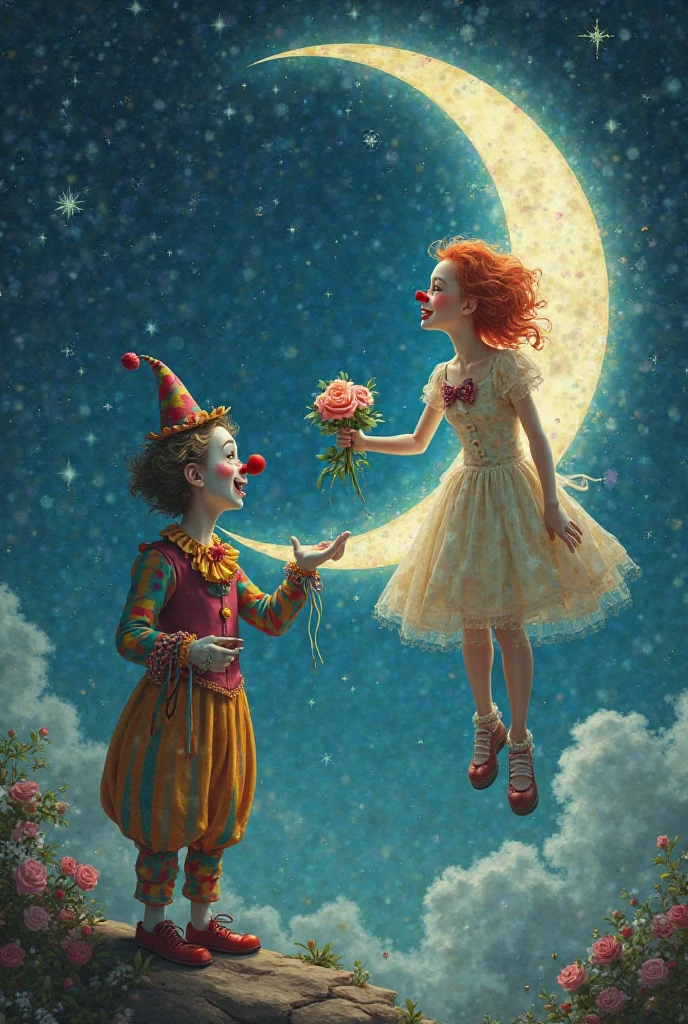 Clown in love with the moon and the moon in the shape of a woman coming ...
