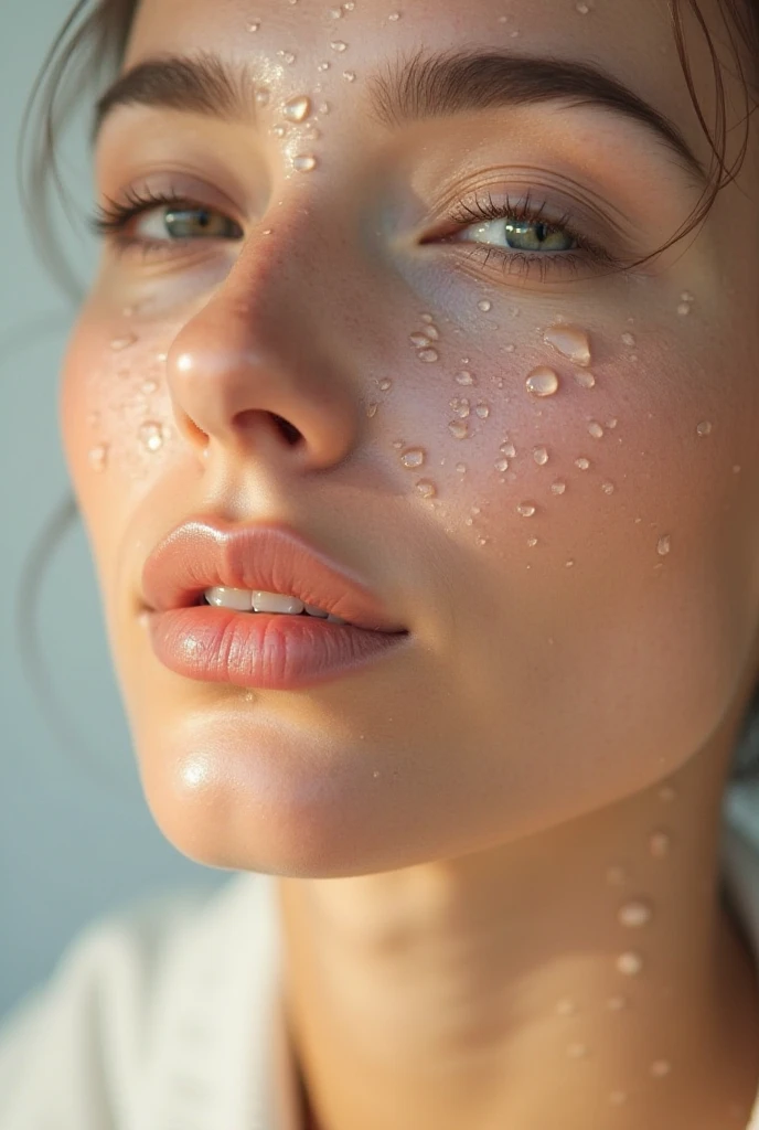 A close-up of a woman's face with radiant, glowing, and hydrated skin ...