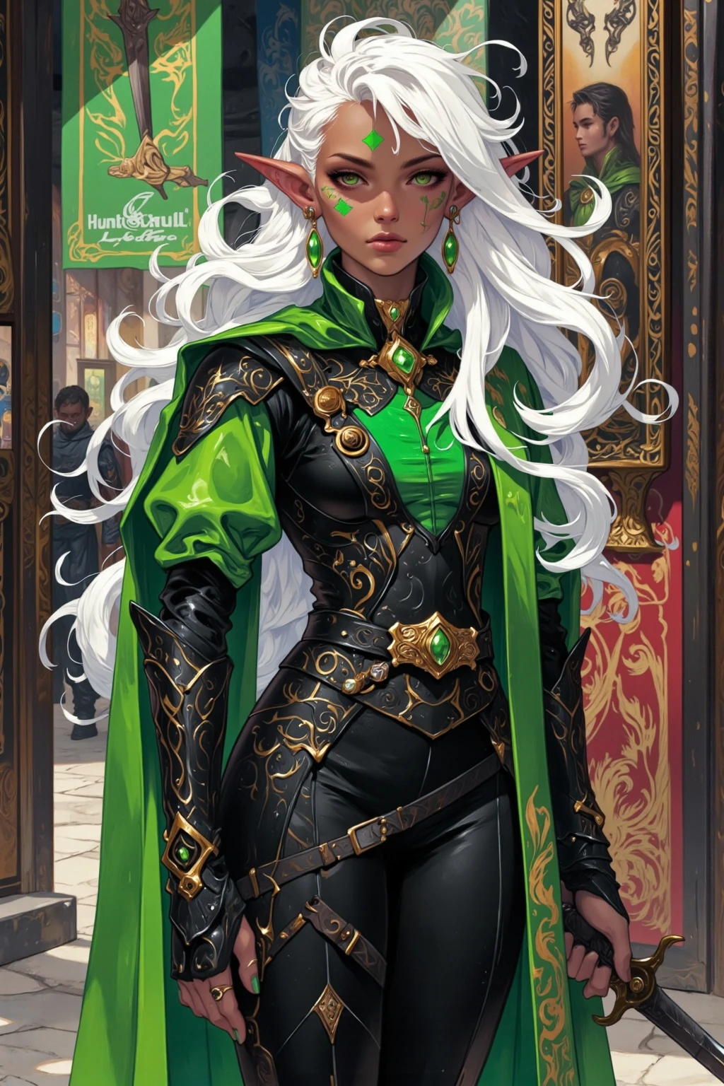 High quality,4K,Dark Elf,dark brown skin，A snow-white silver long hair ...