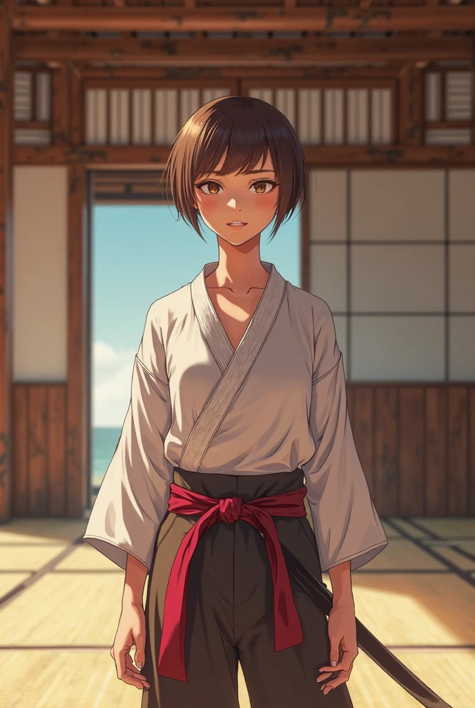 Anime girl, japanese, buzzcut hair, anime style, flat ?????, inside ...