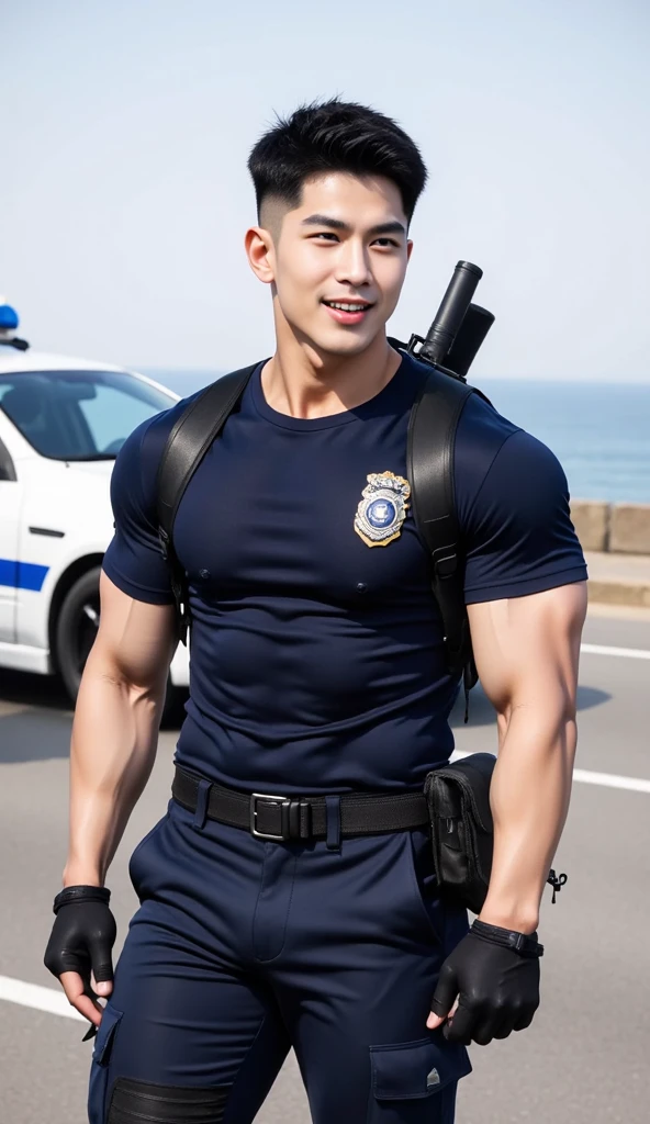 1 handsome man short hair ,crew cut hair, smile ,Wear a fitted round ...