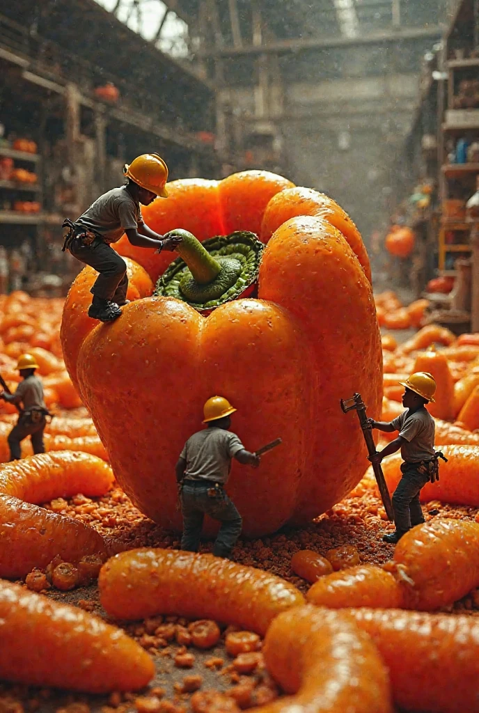 "Small construction workers cut huge peppers in a giant kitchen - SeaArt AI