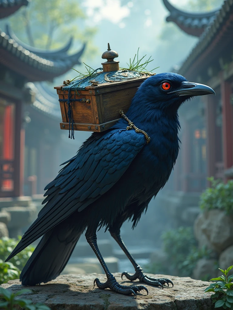 Red-eyed crow with a small wooden box on its back and a blue bamboo ...
