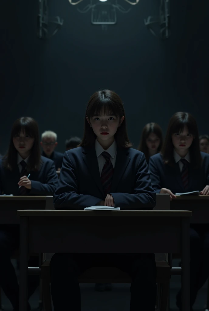 Exam hall vibe with dark background with student uniform - SeaArt AI