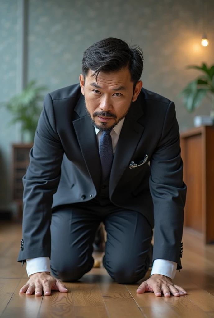 Sturdy ，Chinese middle-aged boss with short hair and short beard ...