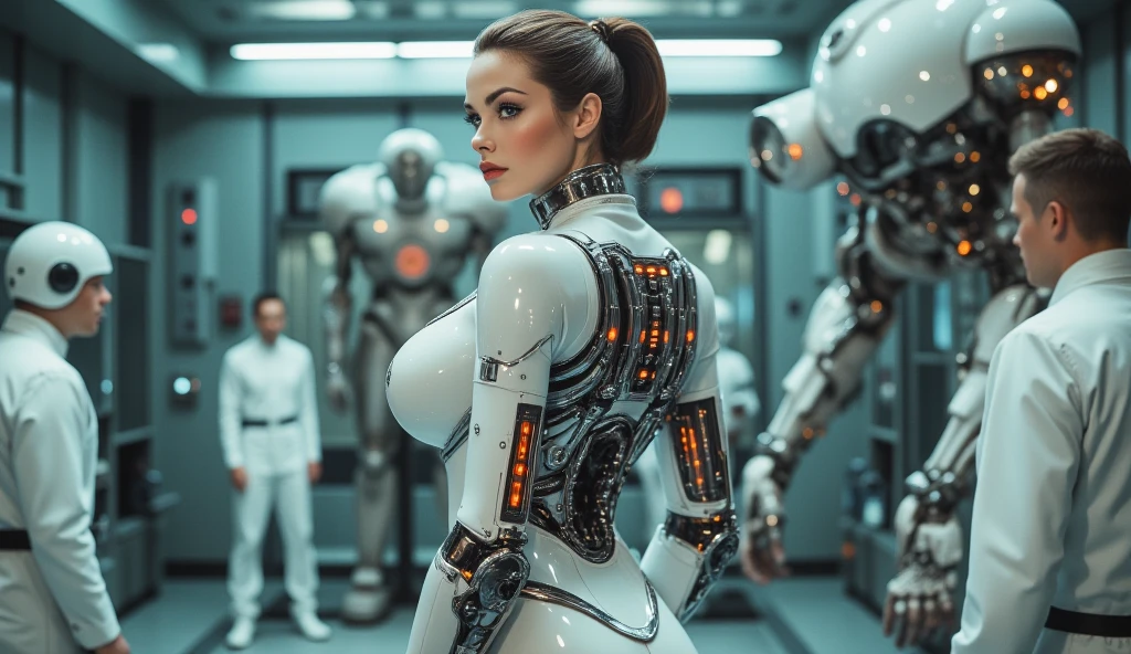 A biomechanical woman with a curvy, high-tech exoskeleton stands ...
