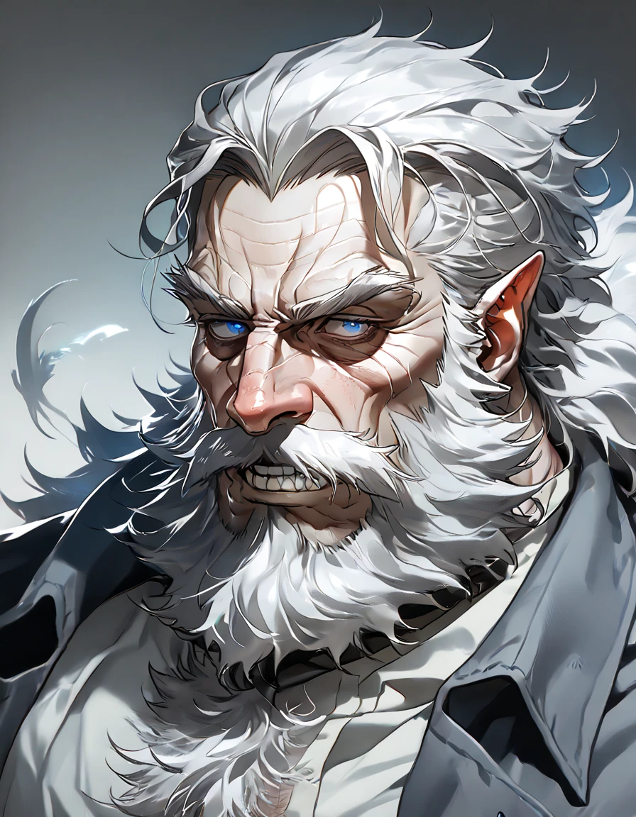 Old adult man, werewolf. Body: corpulent, strong arms, broad shoulders ...