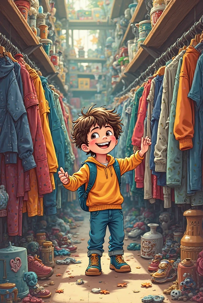 Cartoon of a boy prospecting for thrift store clothes - SeaArt AI