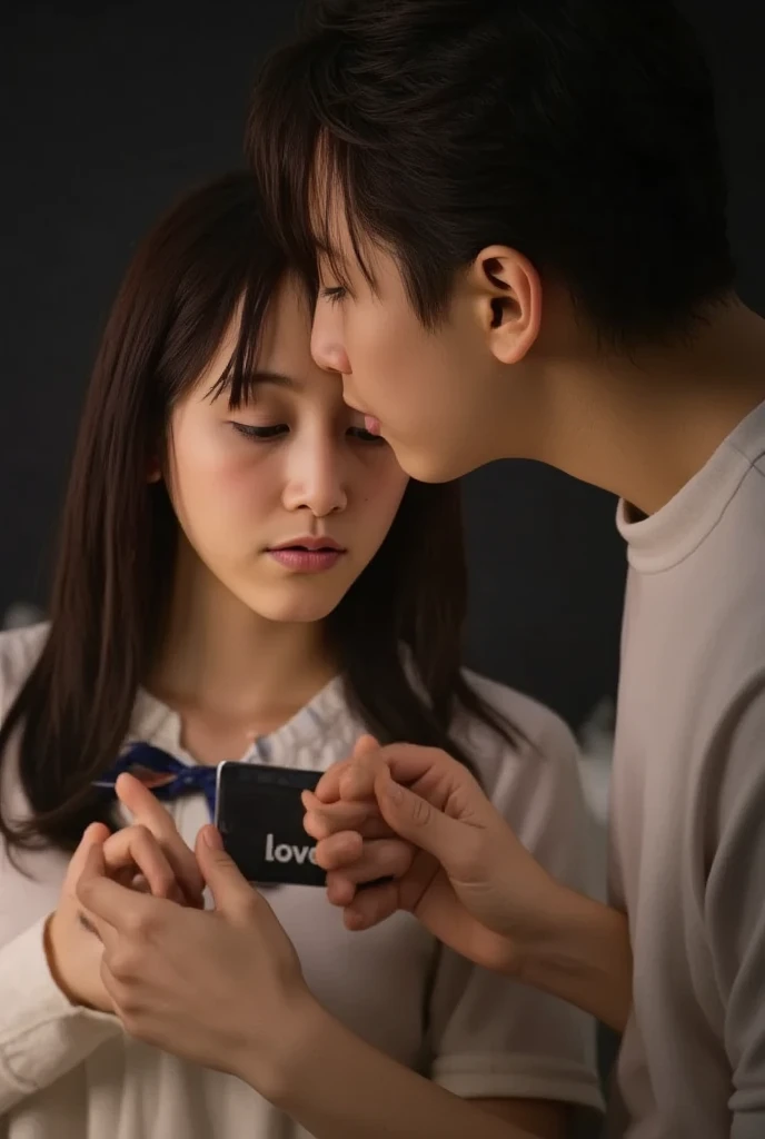 Girl, look up, fellatio, man, penis, man has smart phone, man take ...