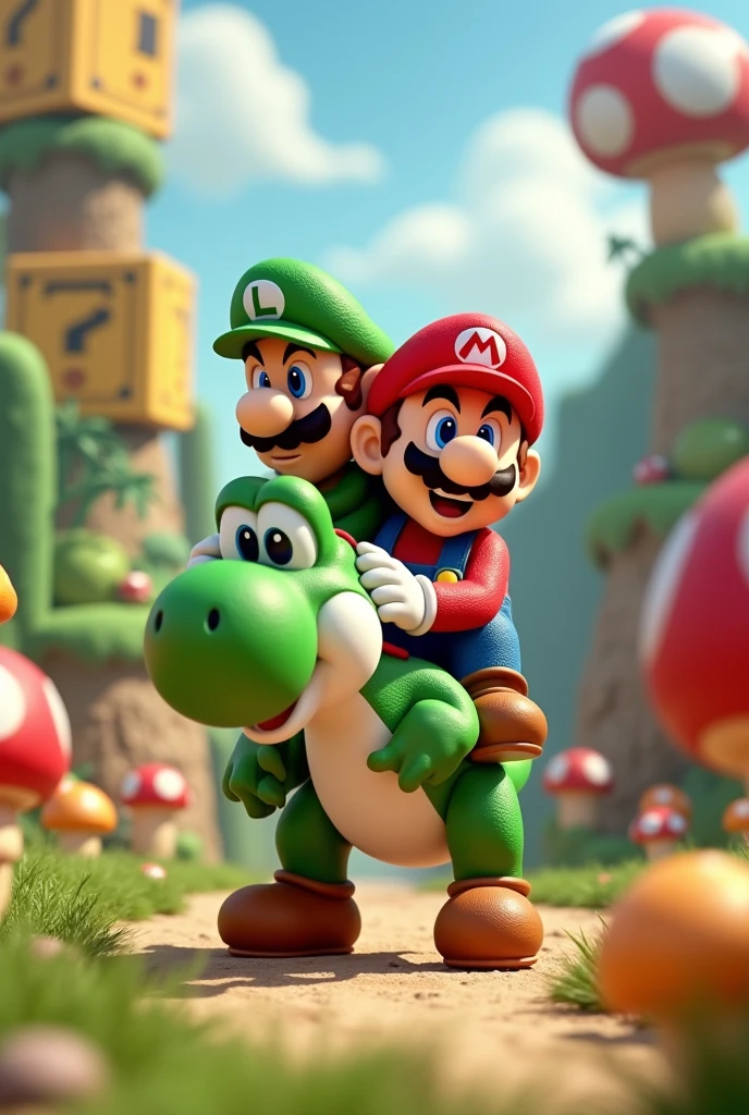 Create a realistic image of Mário Bros with Luigi riding Yoshi - SeaArt AI